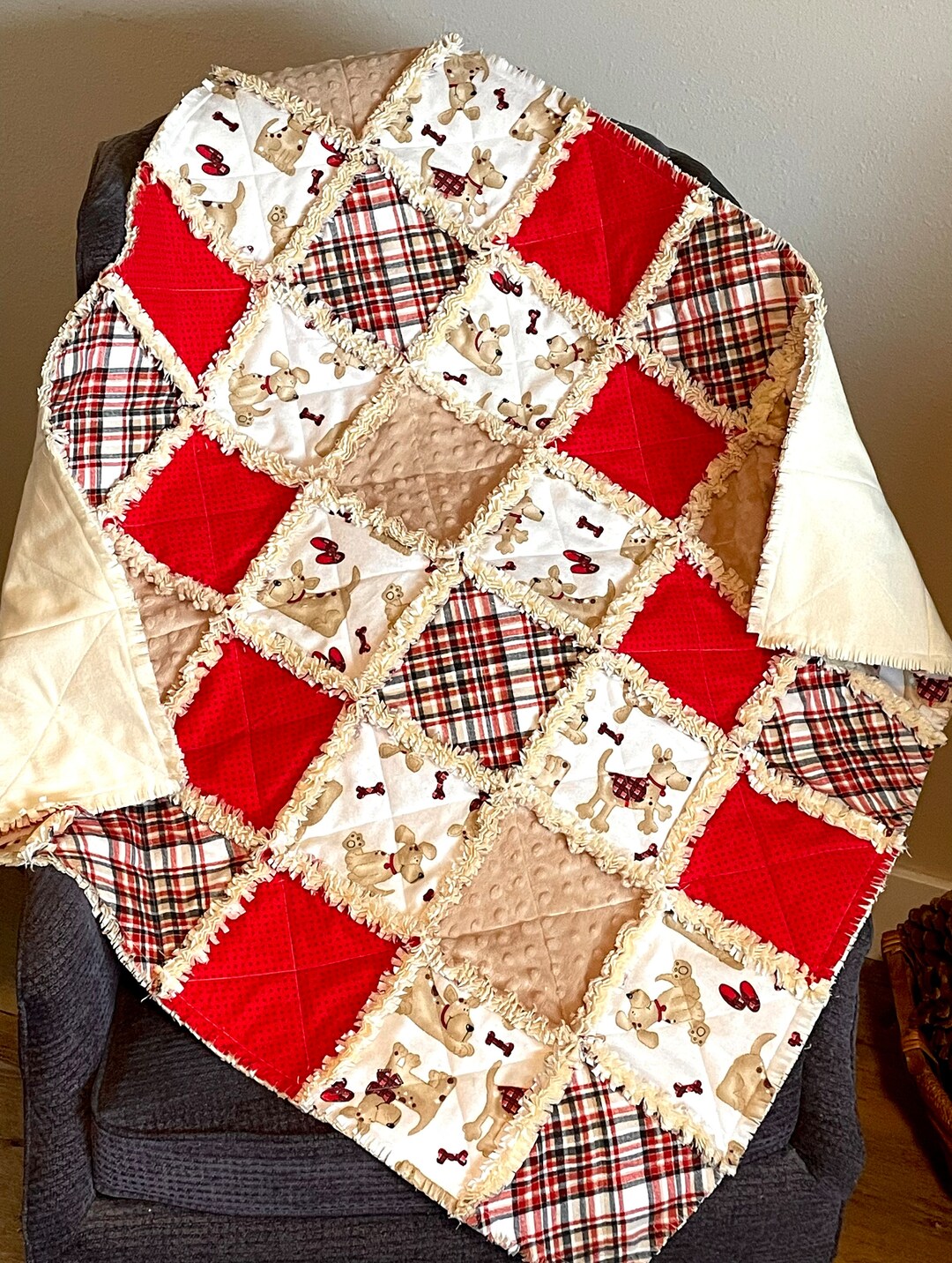 Puppy Dog Rag Quilt Kit, Pre Cut Quilt Blocks 7" Flannel Fabric Squares ...
