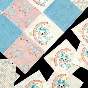 Embroidered Pink Bunny Rag Quilt Kit, 84 Quilt Blocks 7" Flannel Fabric ...