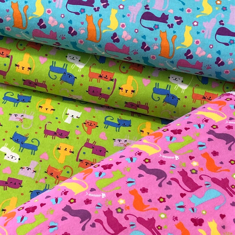 Kitty Cat Flannel Kitten Fabric Bright Colors Blue Pink - Etsy