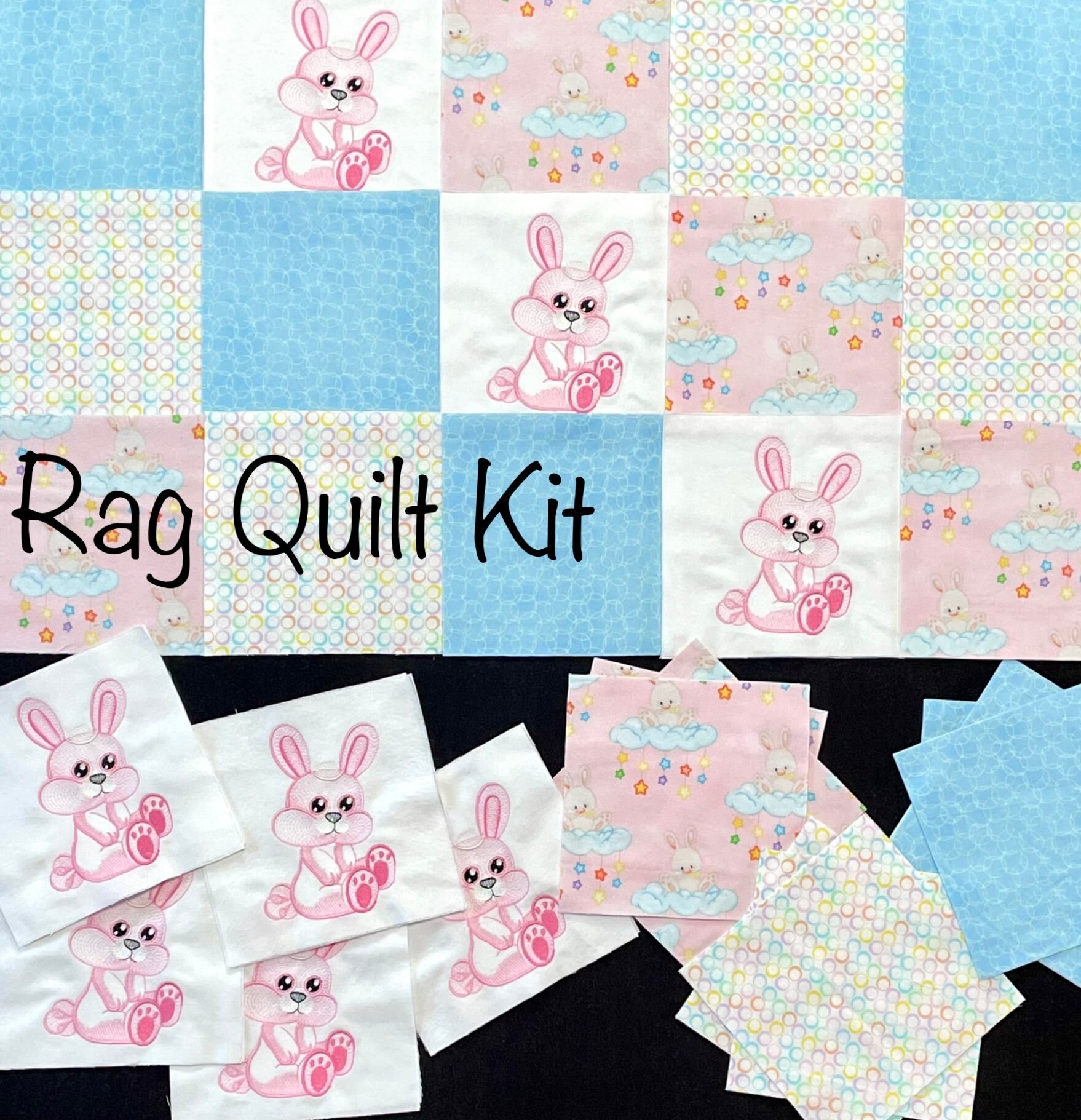 Embroidered pink bunny rag quilt kit 84 quilt blocks 7 | Etsy