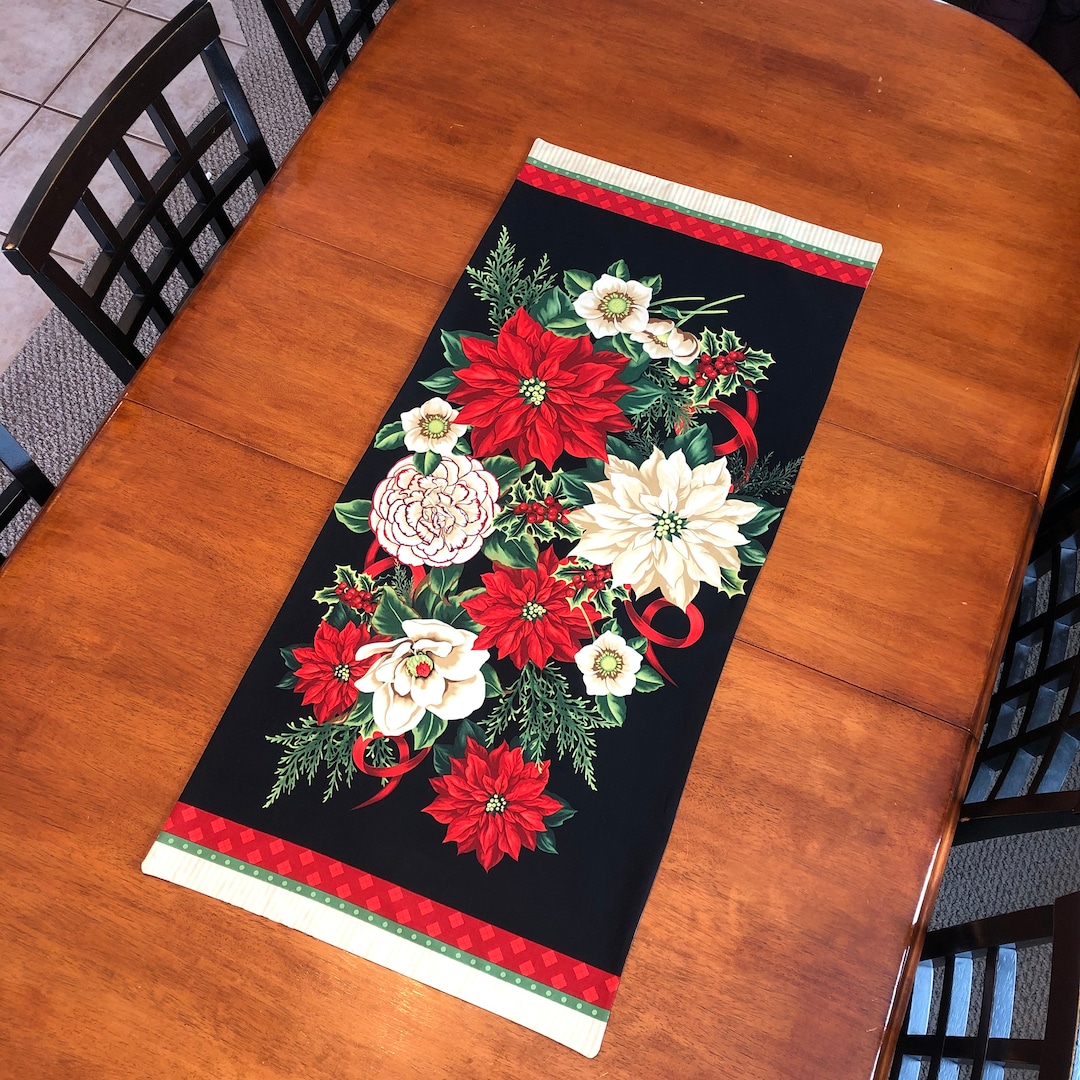 Poinsettia Christmas Table Runner, Red Black Green, Holiday Table ...