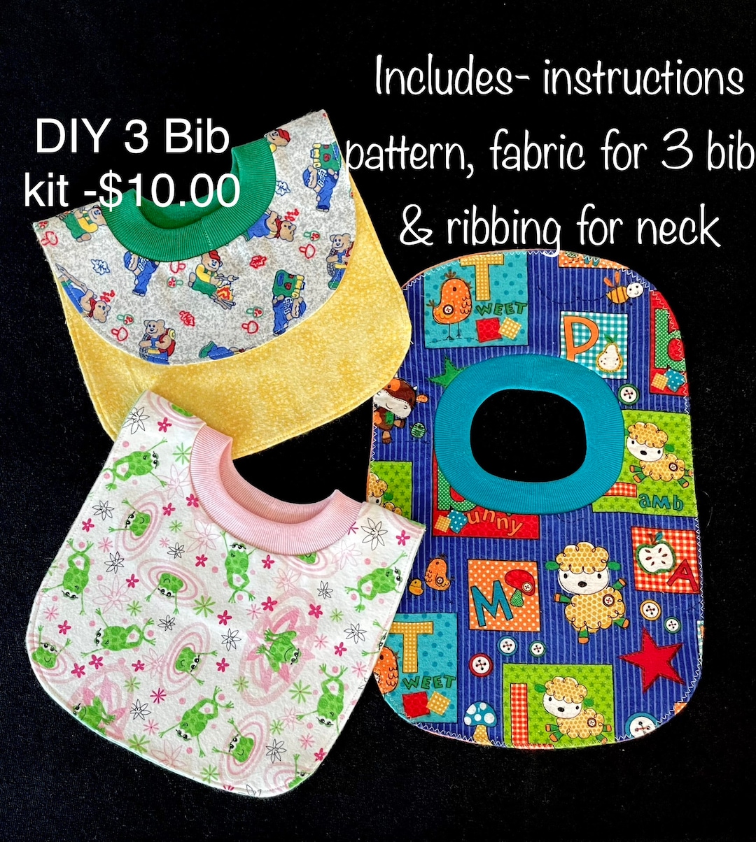 3 DIY Baby Bib Kit, Fabric, Ribbing, Pattern Instructions, Beginner ...