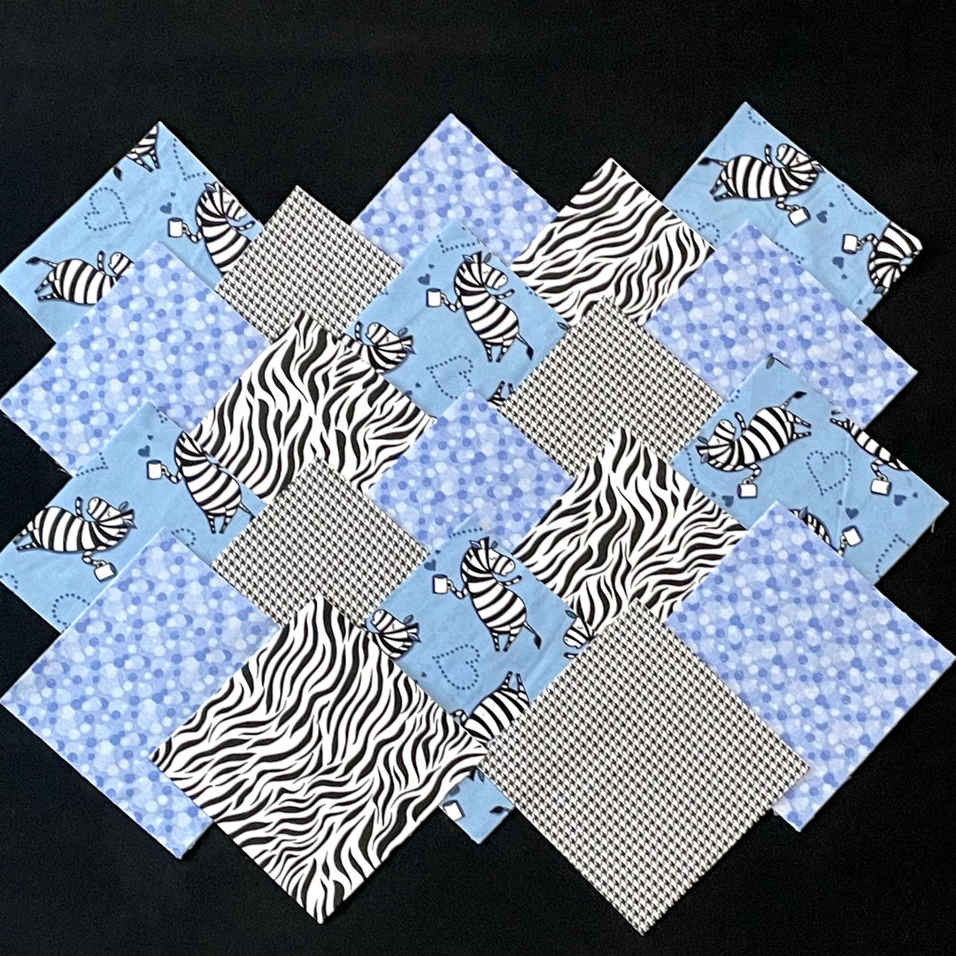 48 Zebra 7" Pre Cut Square Quilt Blocks, Blue White Black, Zebra ...
