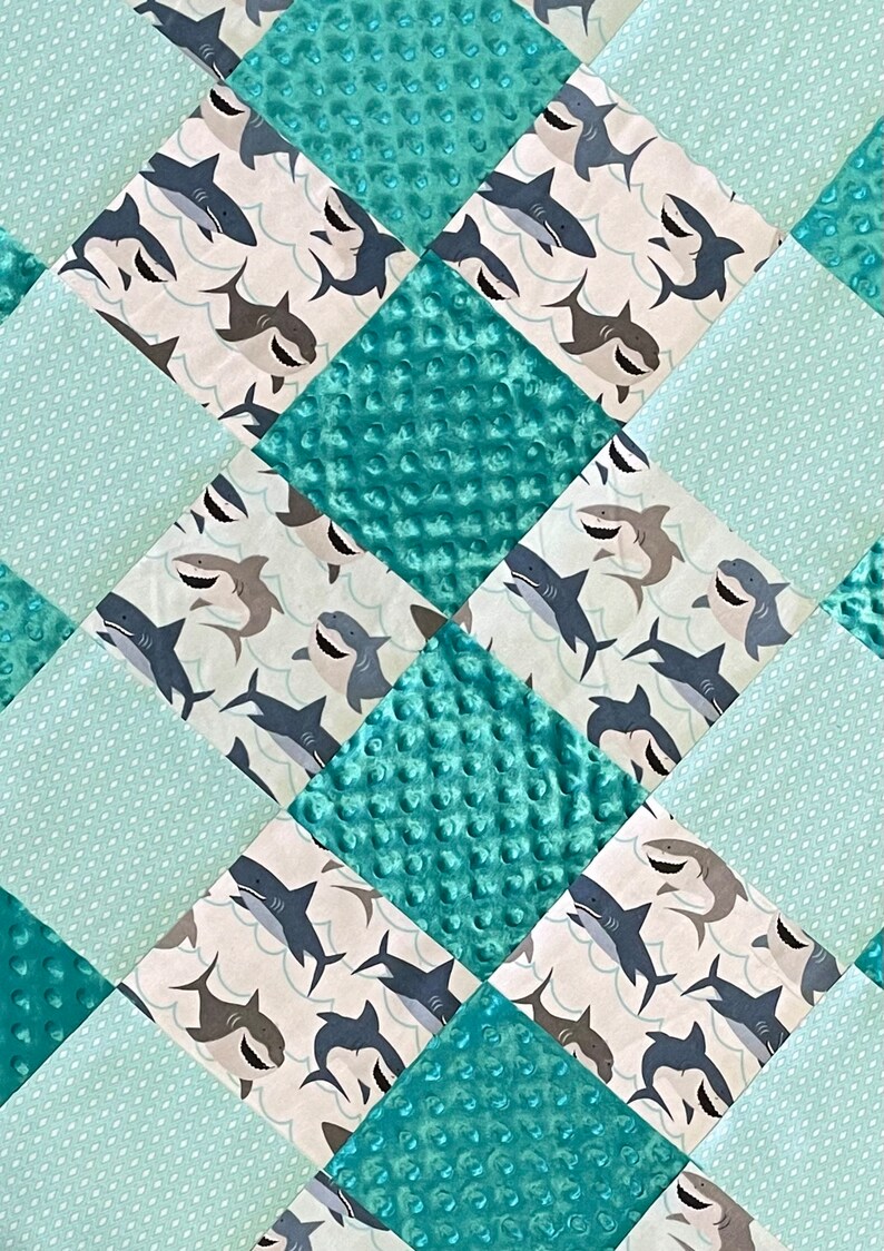 Shark Minky Rag Quilt Kit 72 Pre Cut 7" Aqua Minky & Flannel Fabric ...