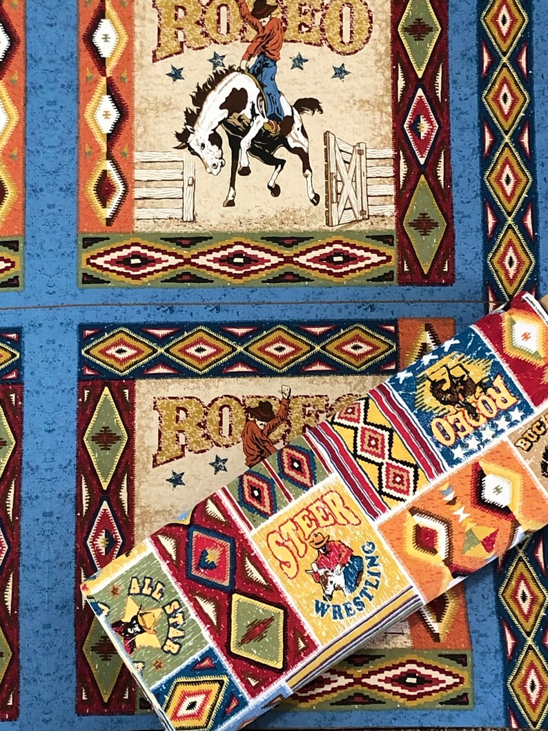 Southwest Cowboy Rodeo Bronco Rider Fabric Panel, Ropes, Boots Hat ...