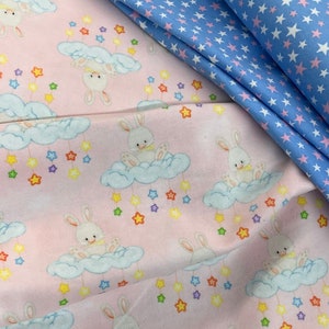 Bunny Rabbit Pink Flannel Floating on White Clouds Yellow - Etsy