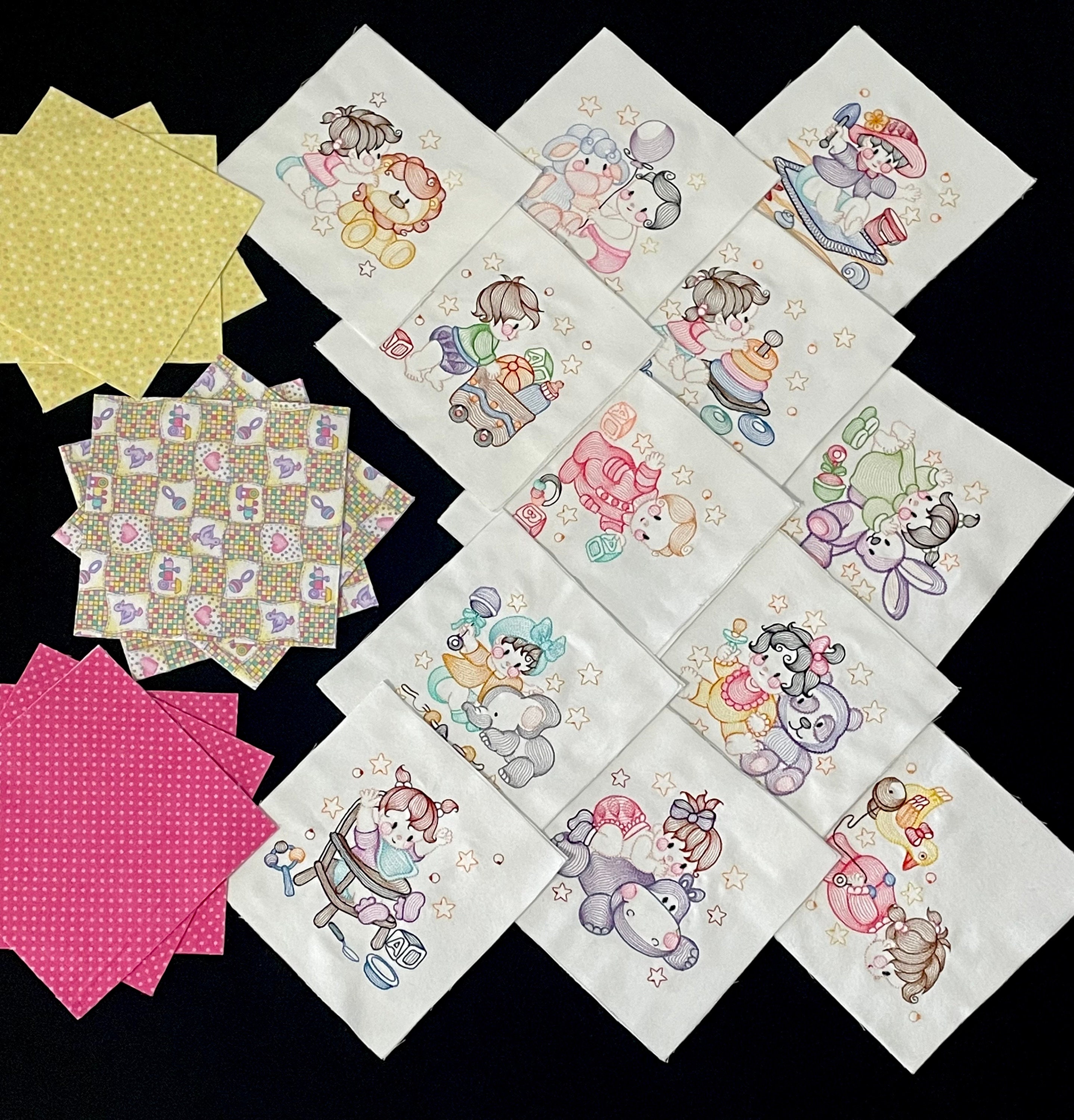 48 Baby GIRL Embroidered 7" Pre Cut Square Quilt Blocks, Yellow Pink ...