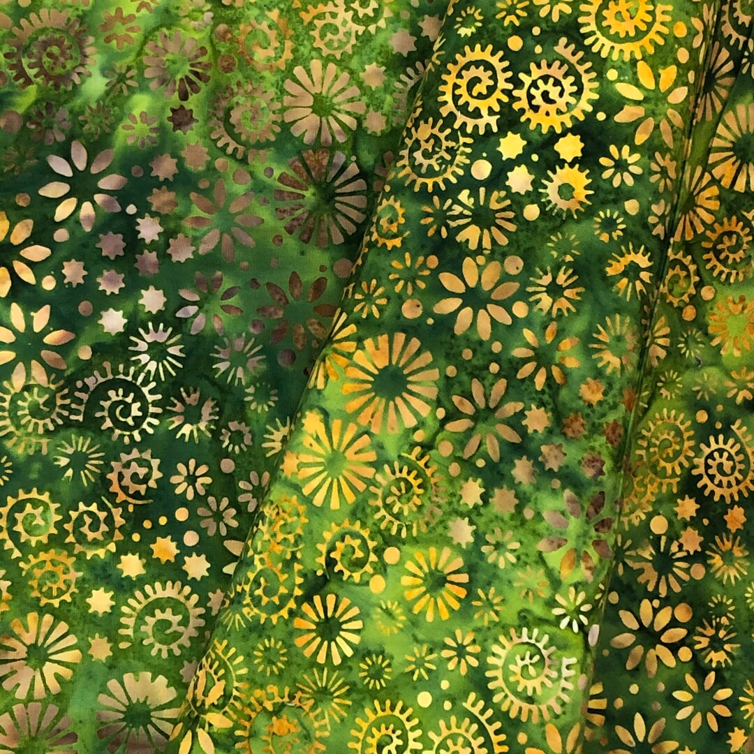 Batik Fabric, Green, Sage Green, Flowers, Leaf Greenery Line Green ...