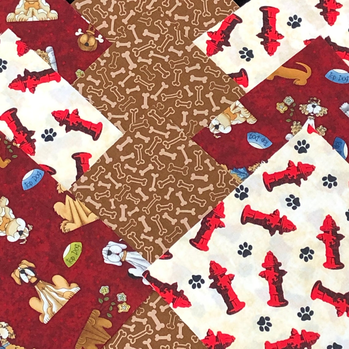 Puppy Dog Bones Paw Print Fabric, 8 Inch Square Quilt Blocks, Quilting ...