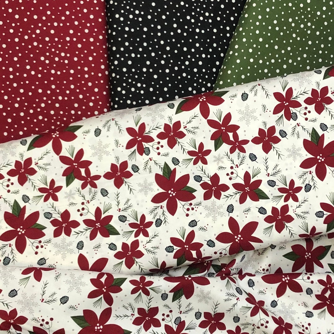 Poinsettias Pine Cones Holly Berry Mistletoe Fabric, Red Flowers on ...