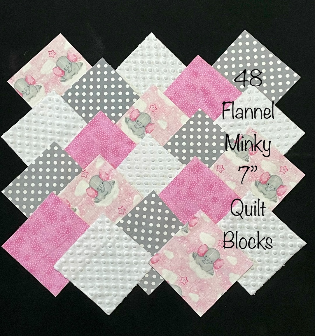 Pink Elephant 7" Square MINKY and Flannel Quilt Blocks, Pre Cut Squares, Pink Gray White, Polka ...