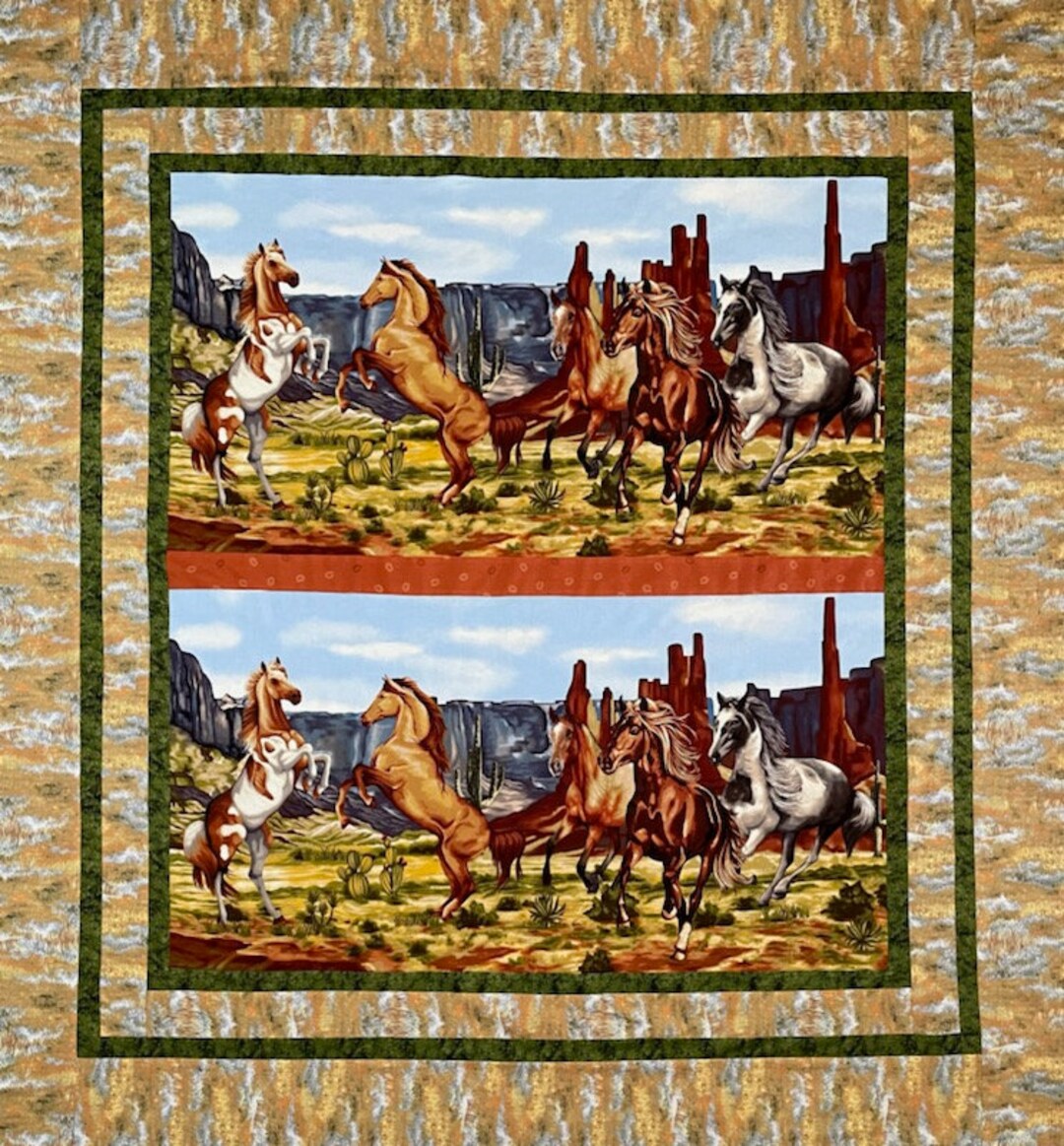 Wild Wild West Horse Fabric Panel Quilt Top, Canyon Dessert Scene, by ...