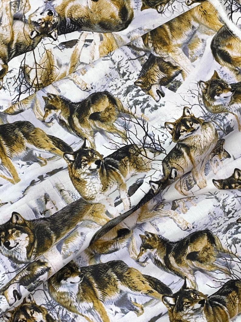 Wolf Fabric, Wild Wilderness Wolf Pack, Black White Camouflage, Cotton ...