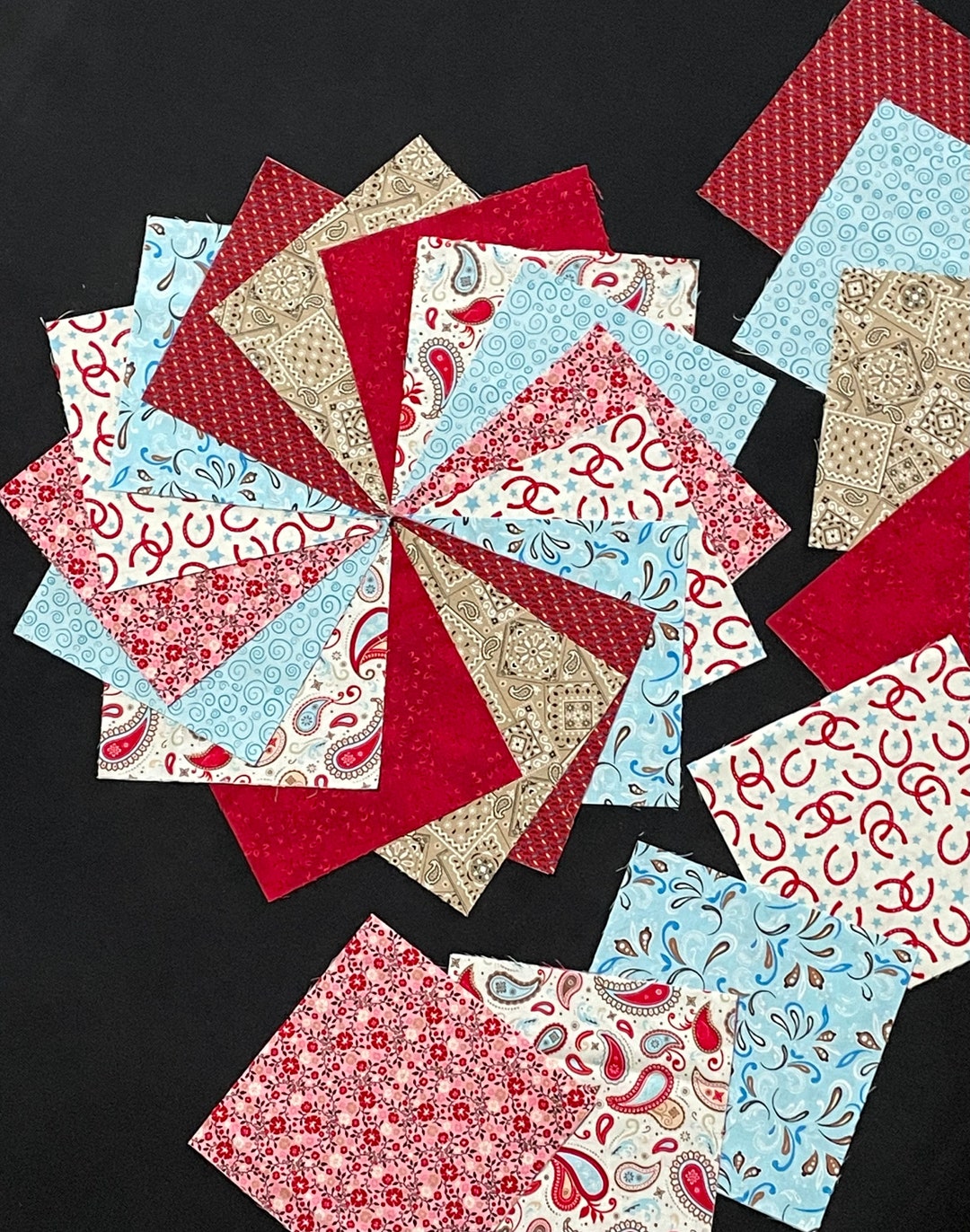 48 Rodeo Western Square 7" Quilt Blocks, Brown Rust Blue 8 Different ...