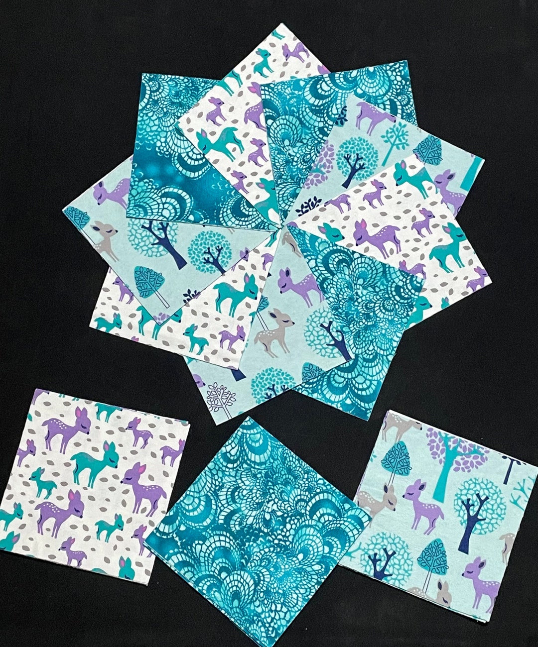 42 Deer 7 Square Flannel Quilt Blocks, Woodland Pre Cut Squares, Aqua ...