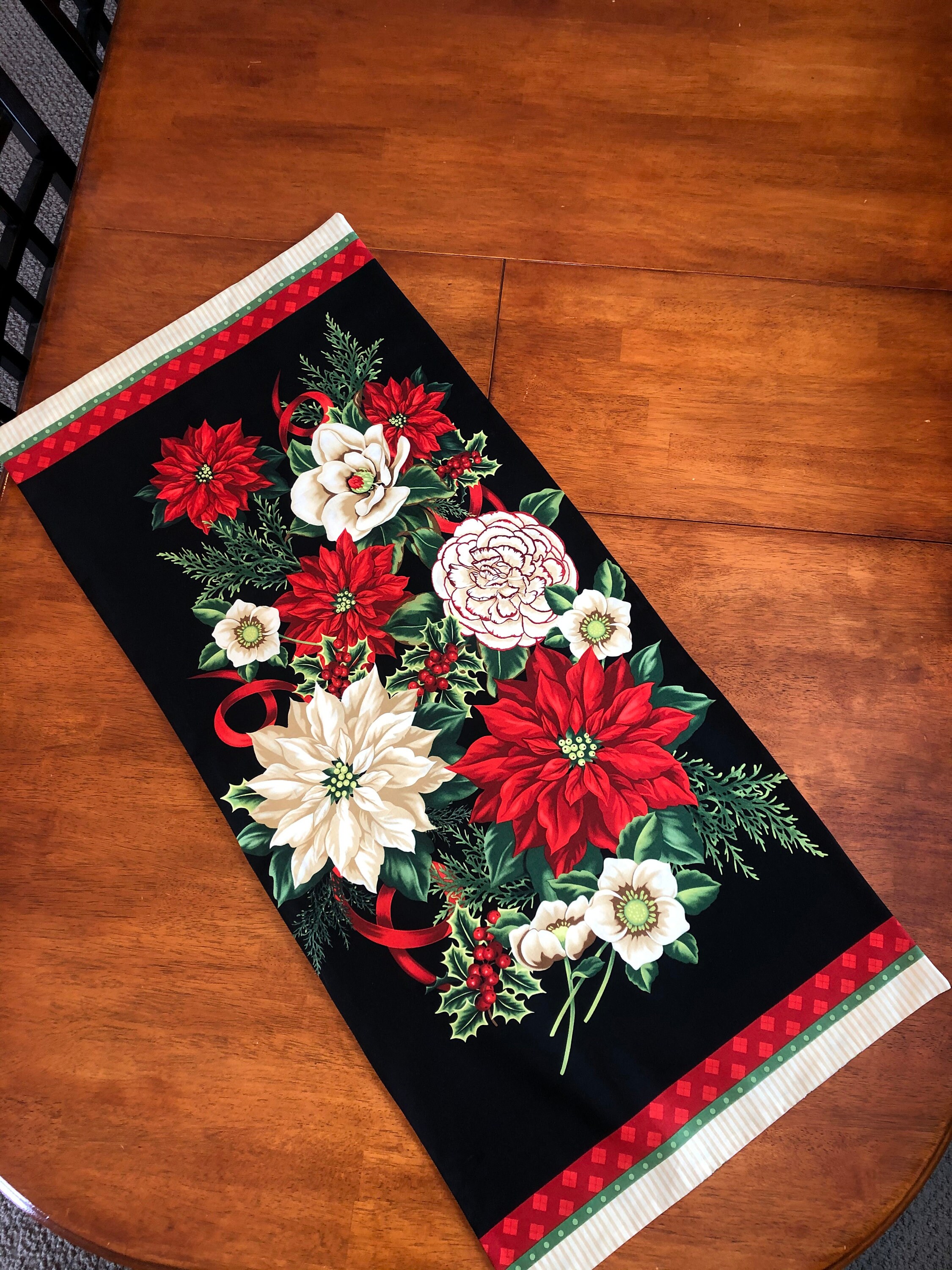 Poinsettia Christmas Table Runner, Red Black Green, Holiday Table ...