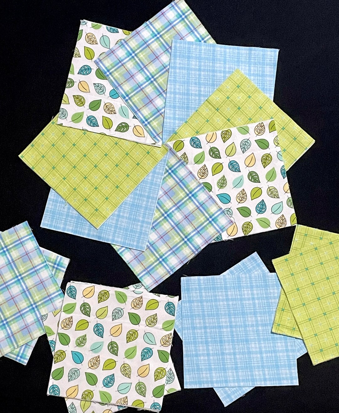 42 Leaves Green Blue 7" Pre Cut Square Quilt Blocks, Flannel Blocks ...