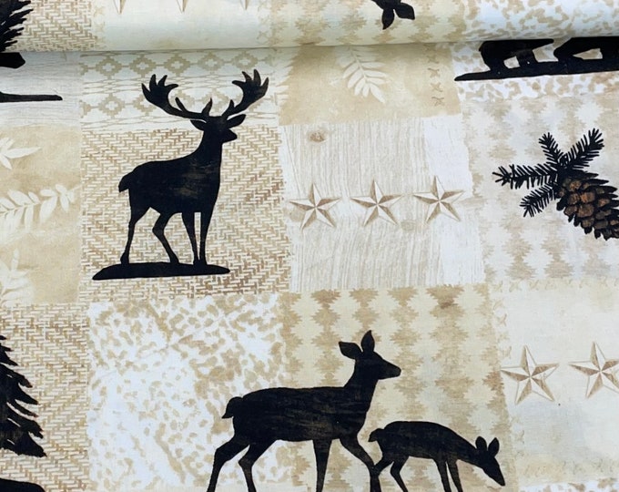 7/8 Yd Deer Silhouette Woodland Pine Cone Bear Fabric, Pinewood Acres ...