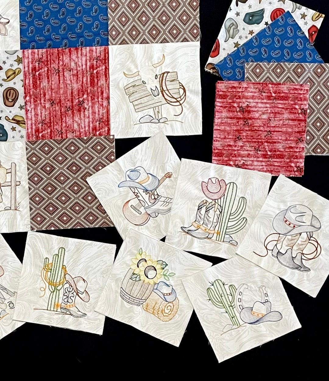 Western Embroidered Cowboy Quilt Blocks, 60- 7" Cotton Pre Cut Squares ...