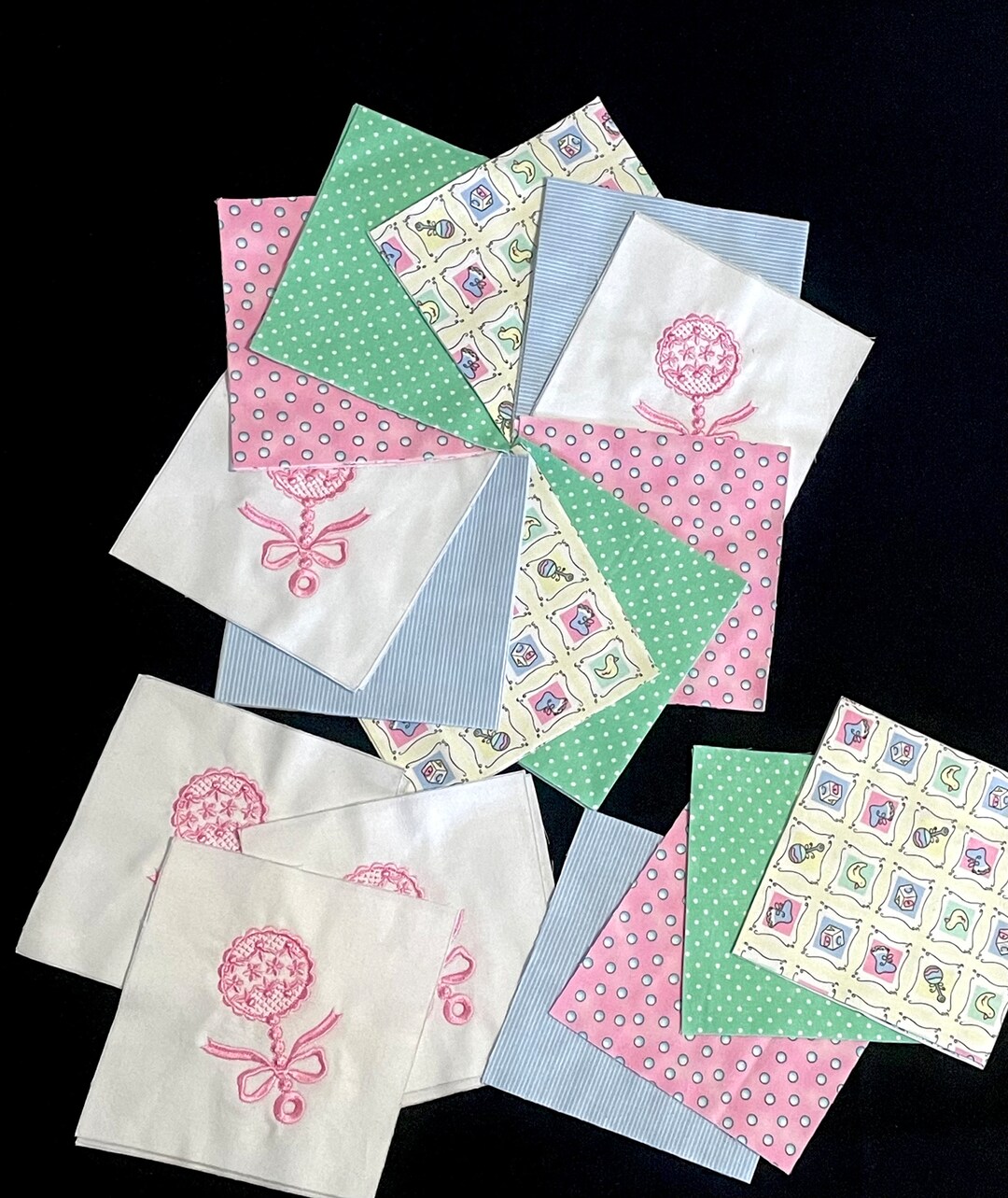 Embroidered Baby Rattle 7" Pre Cut Square Quilt Blocks, Green Pink Blue ...