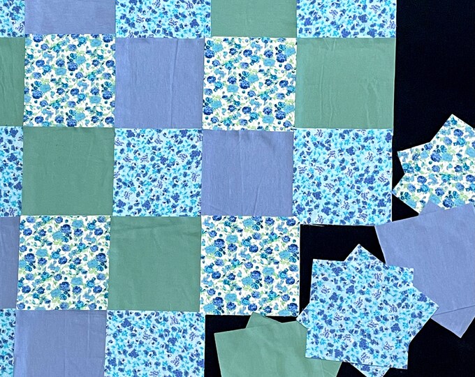 36 Blue Purple Green White Floral Flower 7 Inch Square Quilt Blocks ...