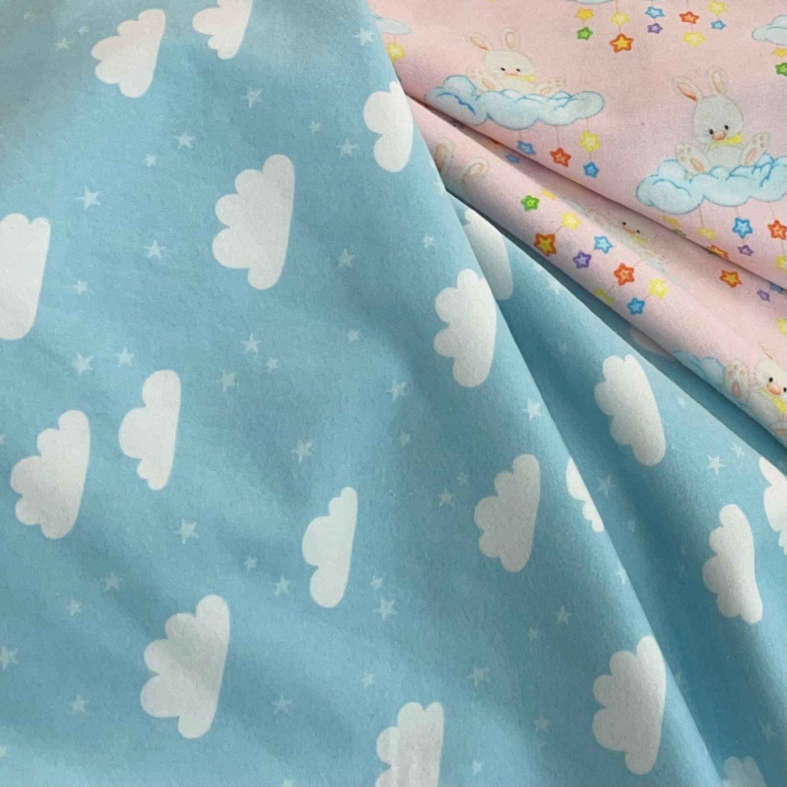 Bunny Rabbit Pink Flannel Floating on White Clouds Yellow | Etsy