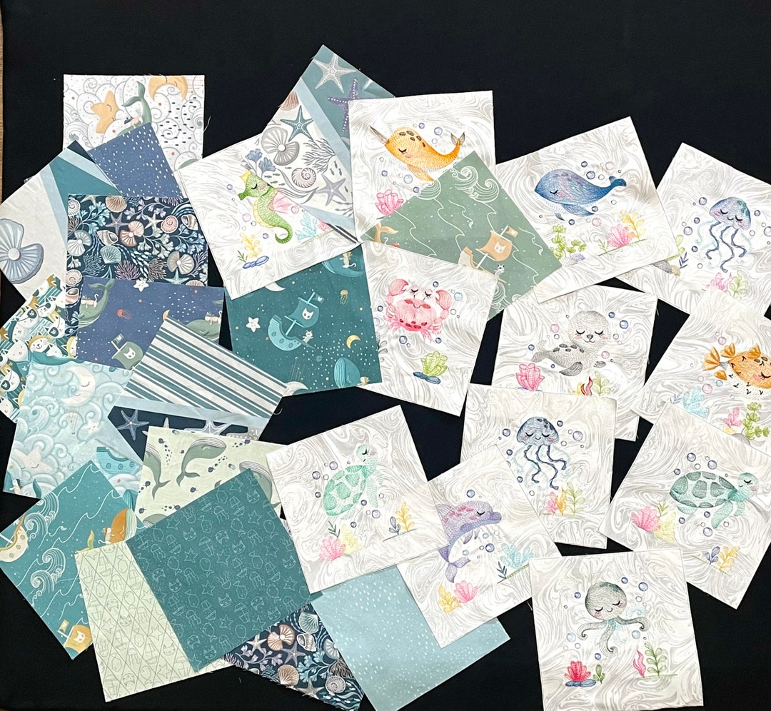 45 Embroidered Sea Creatures 7 Pre Cut Square Quilt Blocks, White Green ...