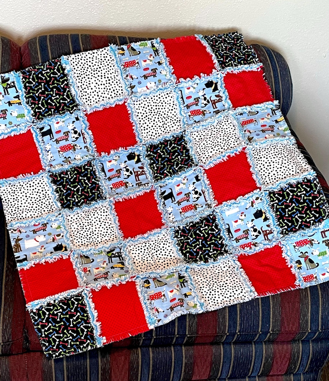 Puppy Dog Rag Quilt Kit 72 Pre Cut 7" Squares, 2 Flannel Layers, Blue ...