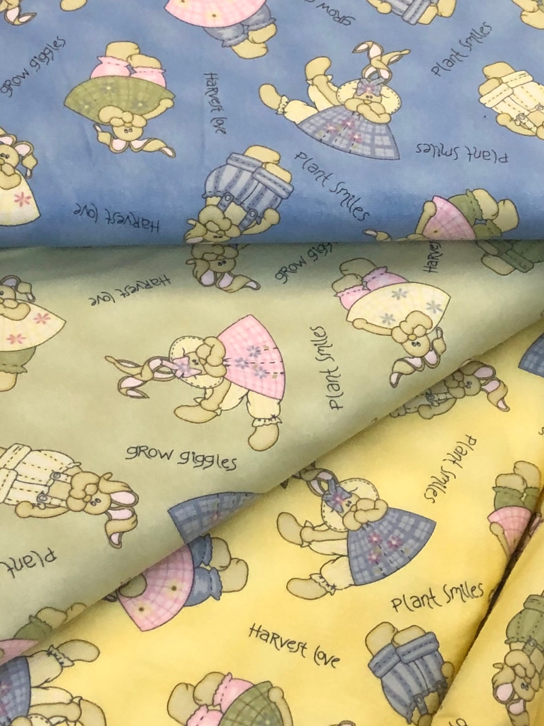 Bunny Rabbit FLANNEL, Blue Yellow Green, Baby Blanket Fabric, Easter ...