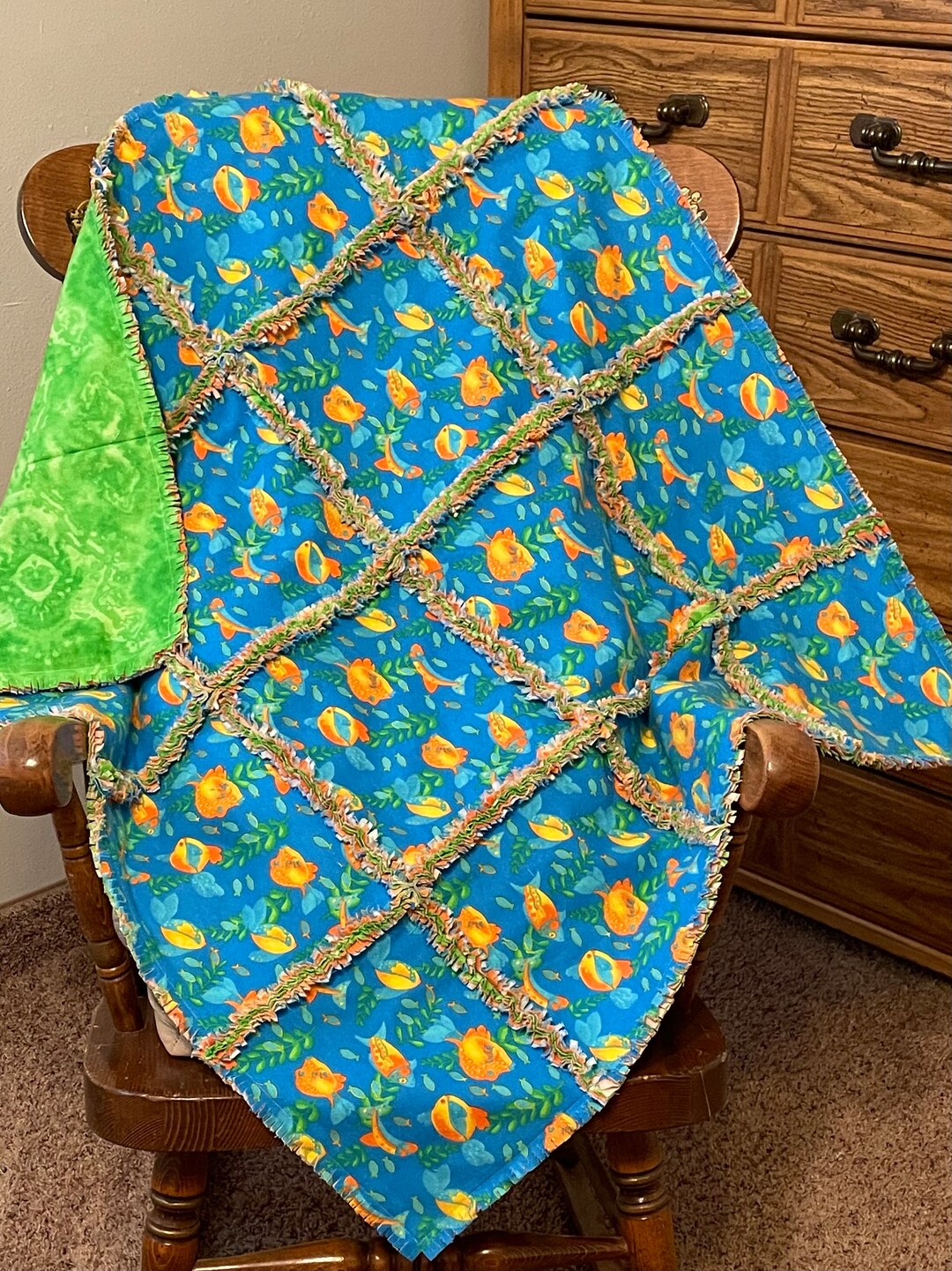Colorful Fish Rag Quilt, 3 Warm Flannel Layers, 32x37, Bright Blue ...