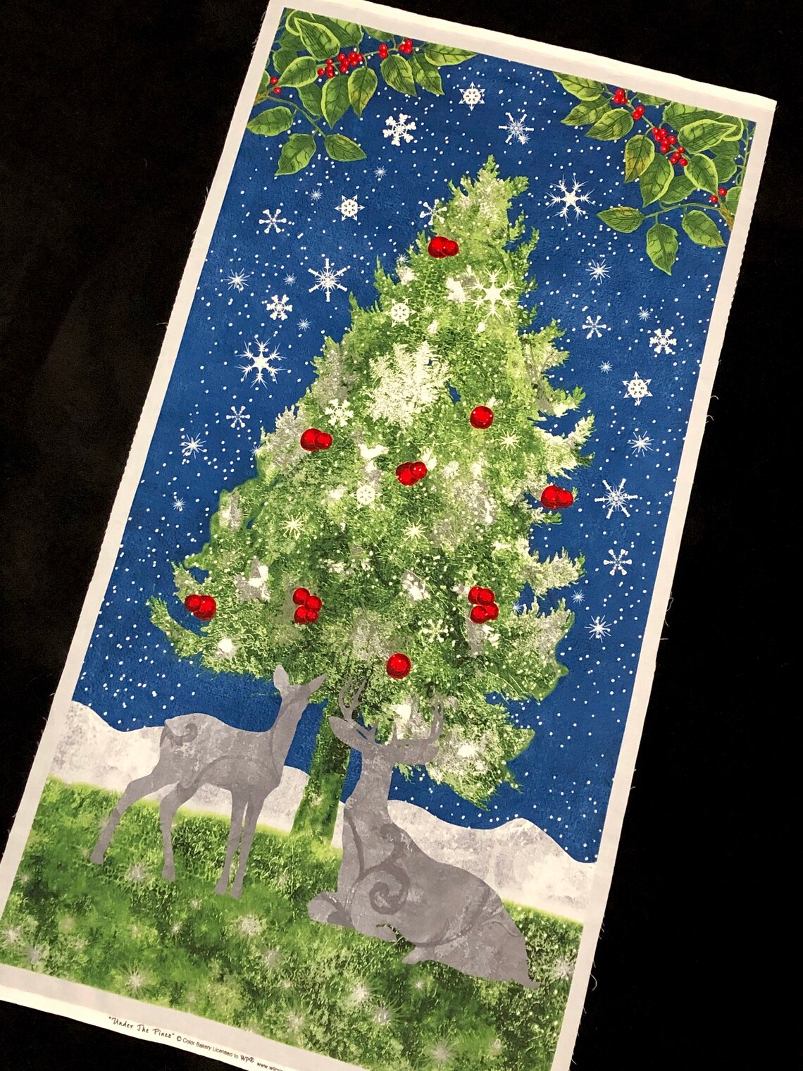 Reindeer CHRISTMAS Fabric Panel, Pine Tree, Winter Berry, Holy Berries ...