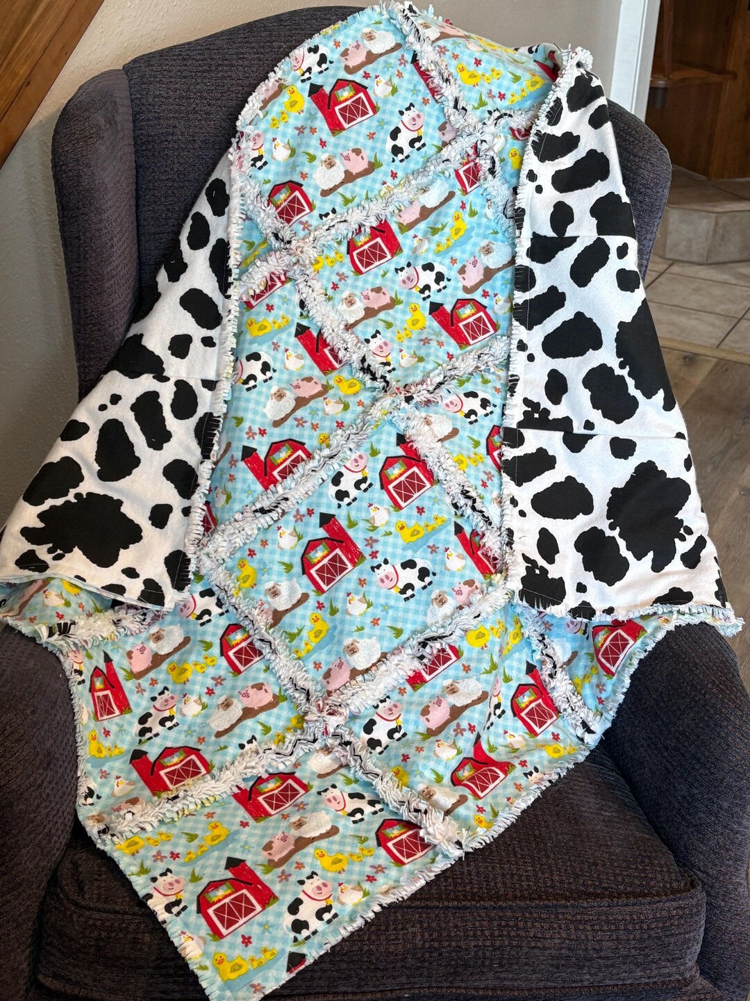 Farm Animal Cow Pig Sheep Red Barn Flannel NO CUT Rag Quilt Kit-diy ...