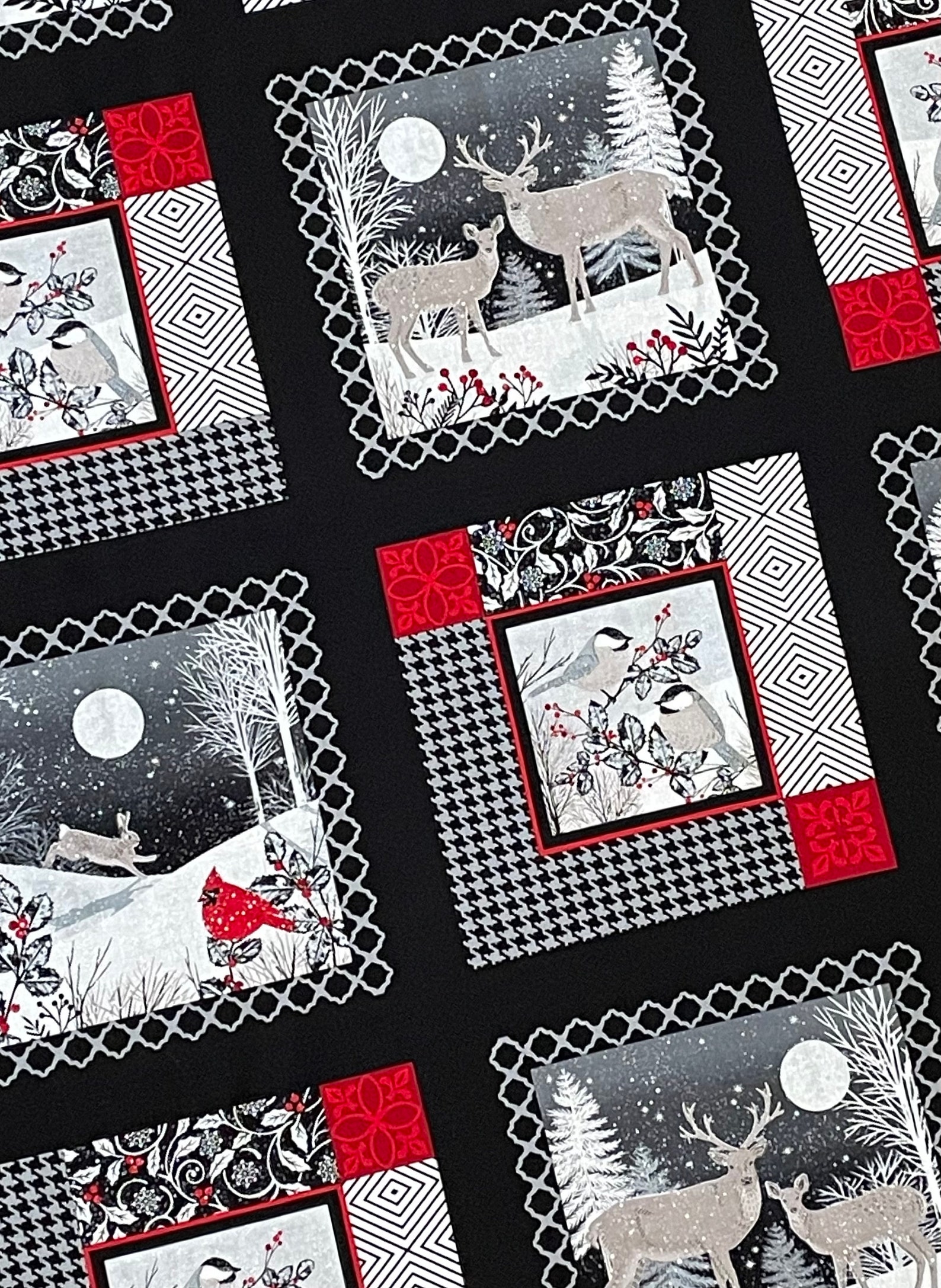 Midwinter Song Quilt Kit, Deer Rabbit Cardinal Bird, Berries, Black Red ...