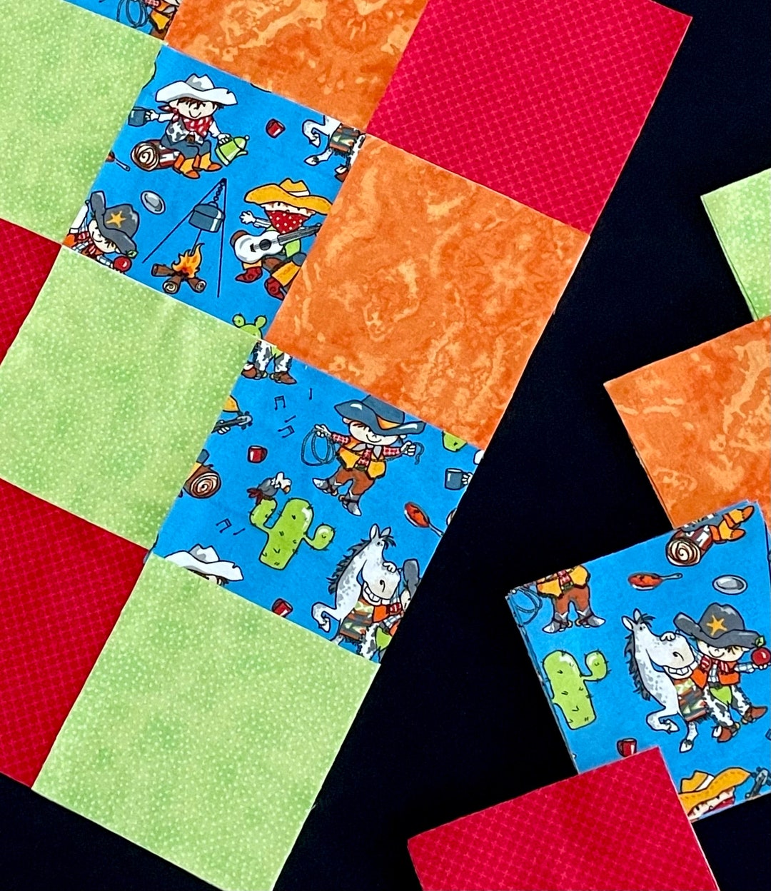 72 Western Cowboy Pre Cut Quilt Blocks, 7" Squares, Horse, Lil Cowboy ...