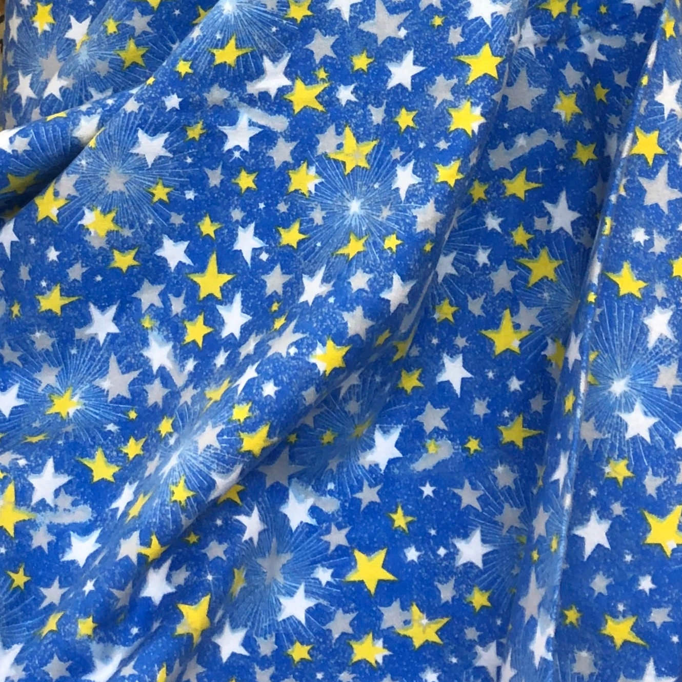 Stars Clouds sky blue yellow Flannel Quilt Fabric | Etsy