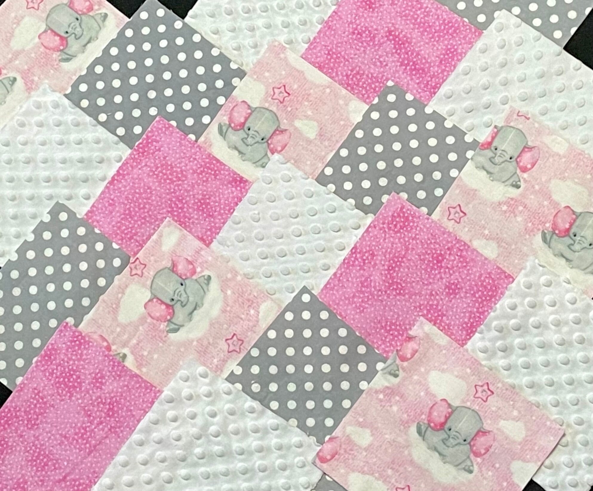 Pink Elephant 7" Square MINKY and Flannel Quilt Blocks, Pre Cut Squares ...