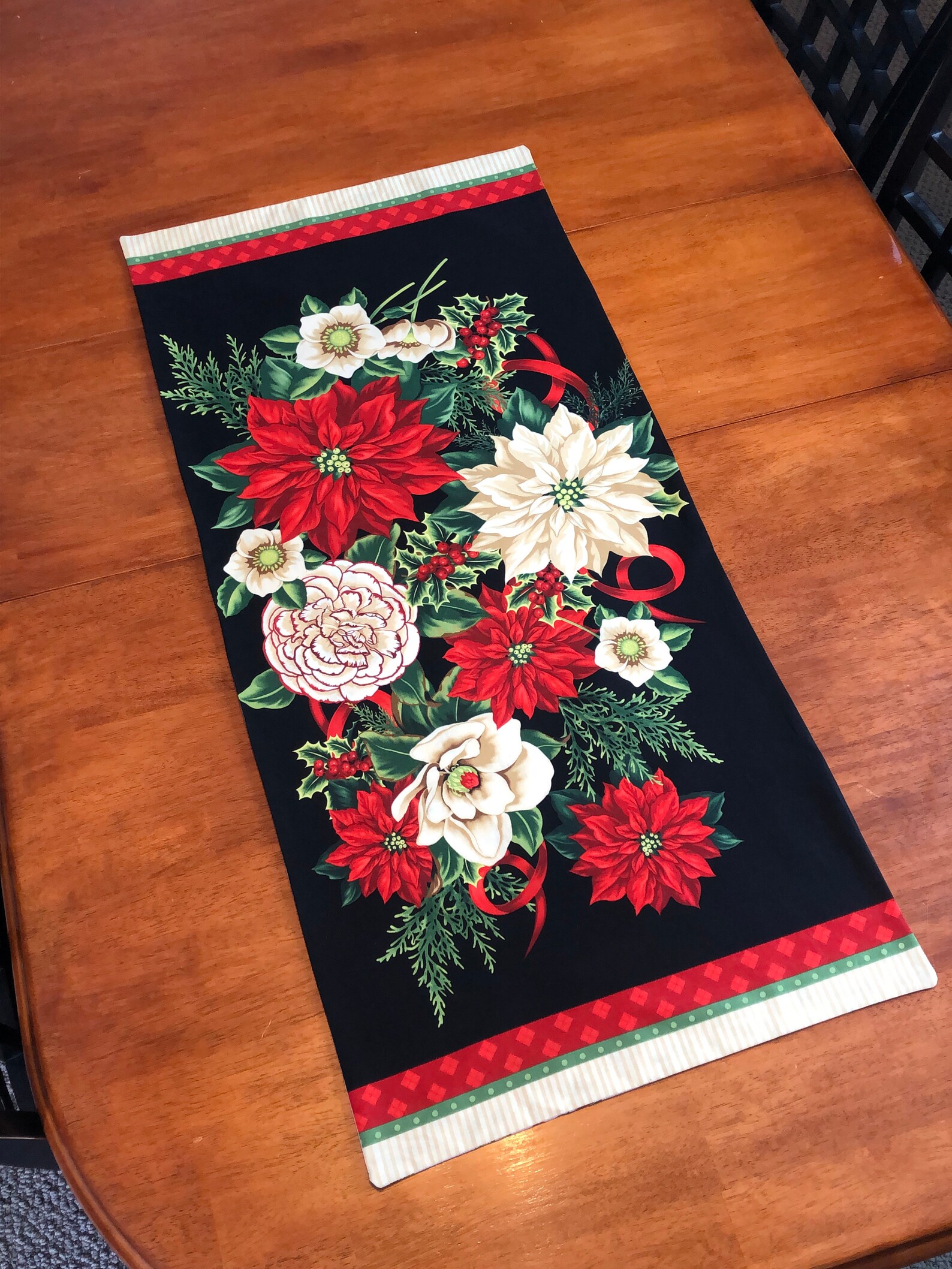 Poinsettia Christmas Table Runner, Red Black Green, Holiday Table ...