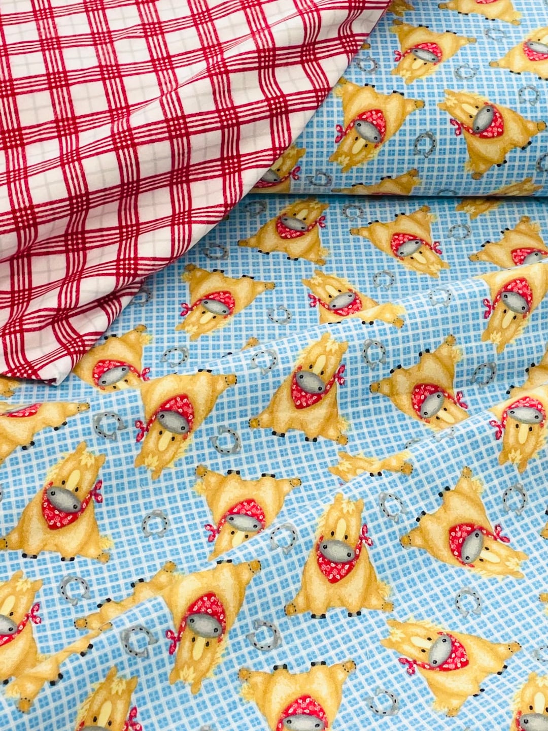 Western Pony Horse and Red White Plaid Flannel Fabric, Soft, Red Blue ...