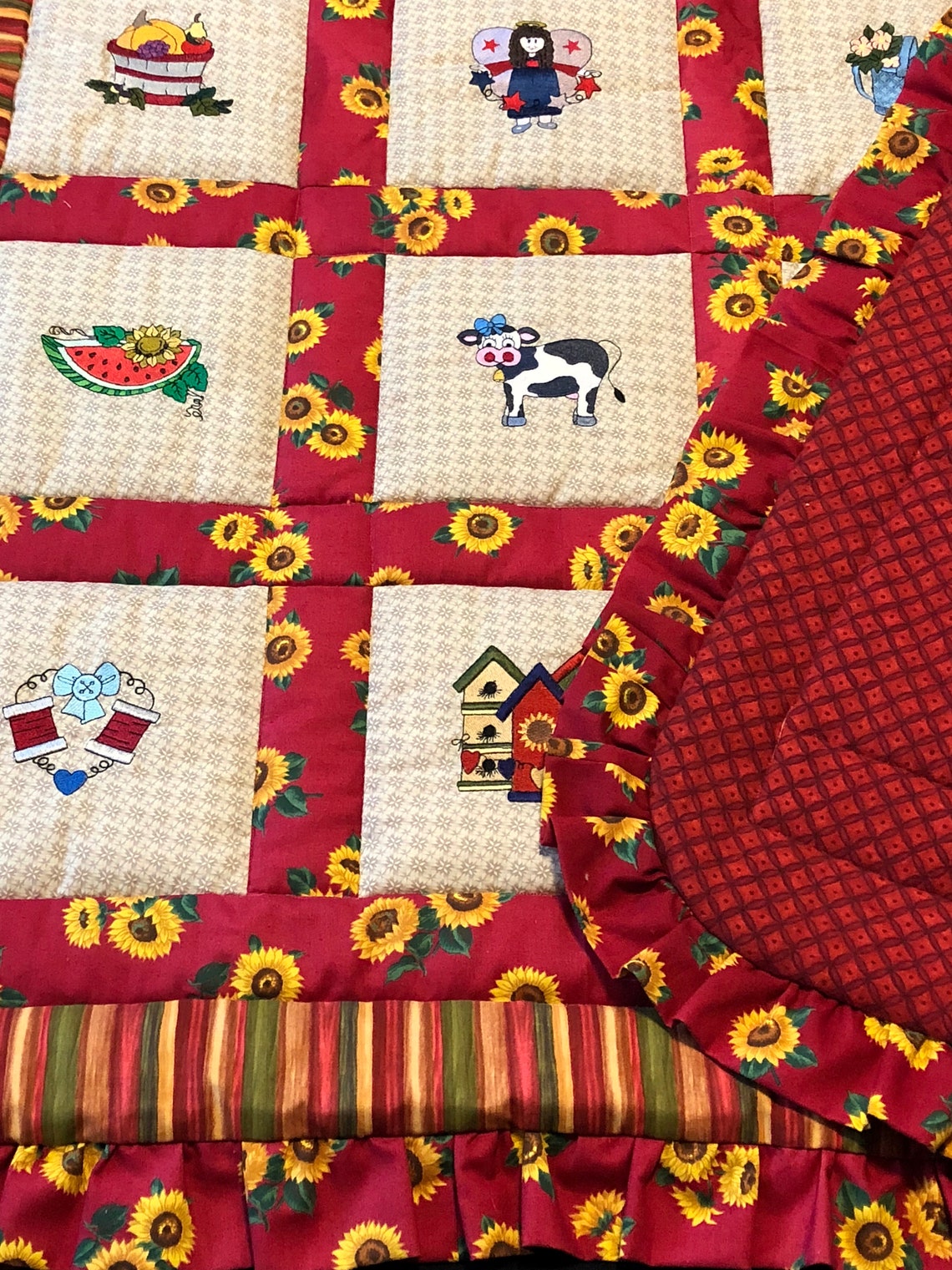 Sunflower Girl, Country Embroidered Crib Quilt Ruffled Baby Blanket ...