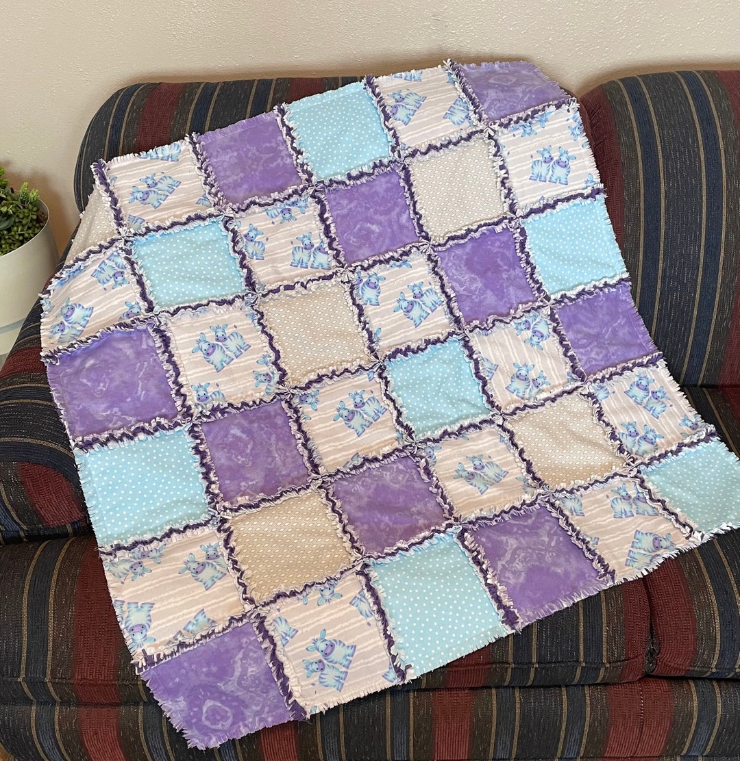 Blue Purple Zebra Rag Quilt Kit, 72 Quilt Blocks 7" Flannel Fabric Pre ...