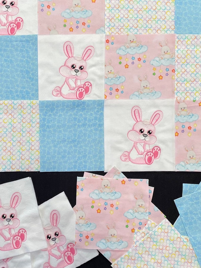 Embroidered Pink Bunny Rag Quilt Kit, 84 Quilt Blocks 7" Flannel Fabric ...