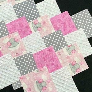 Pink Elephant 7" Square MINKY and Flannel Quilt Blocks, Pre Cut Squares ...