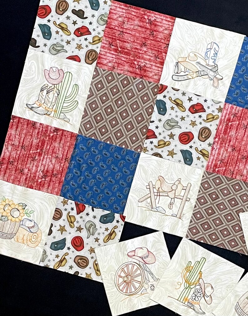 Western Embroidered Cowboy Quilt Blocks, 60- 7" Cotton Pre Cut Squares ...