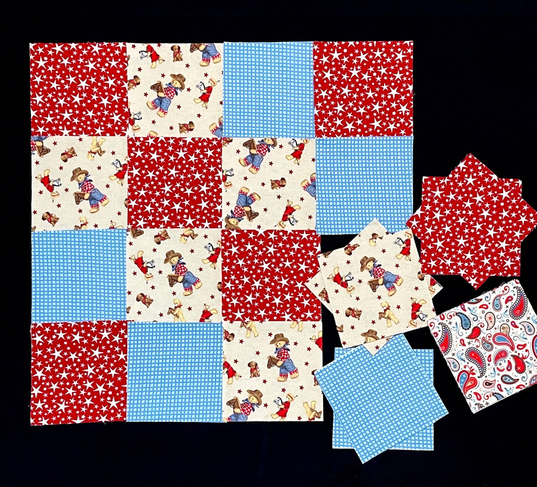 72 Western Cowboy Teddy Bear Pre Cut Quilt Blocks, 7 Squares, Paisley ...