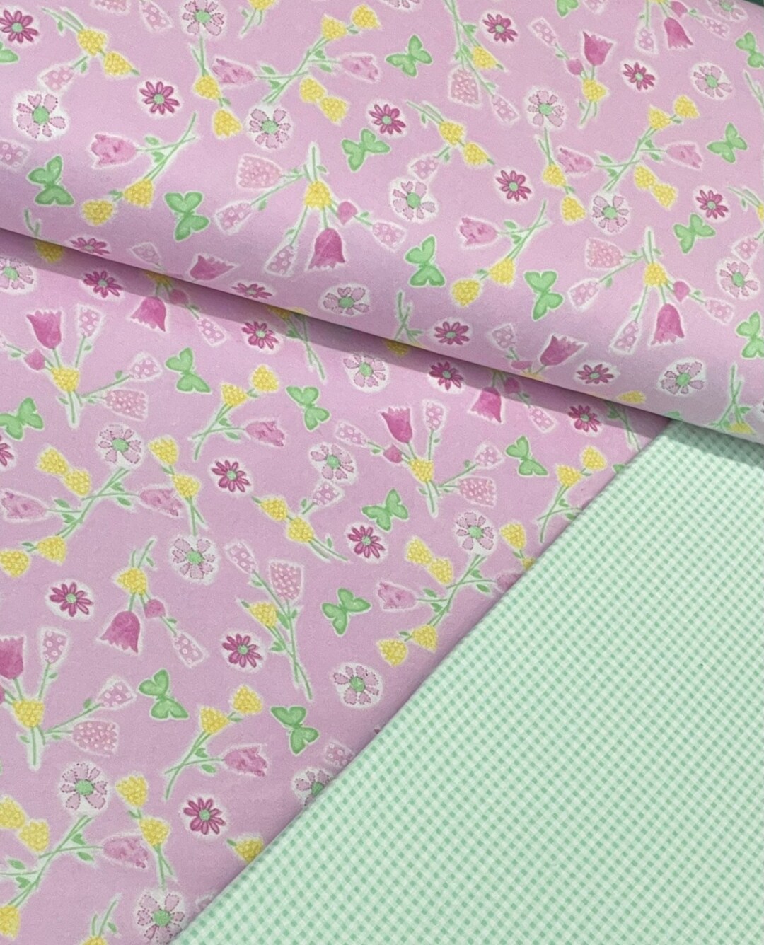 Pink Floral Mint Green Gingham Flannel, Plaid Check Fabric, Flowers ...
