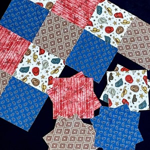 48 Western Rodeo Cowboy Pre Cut 7" Quilt Square Blocks Red Blue Tan ...