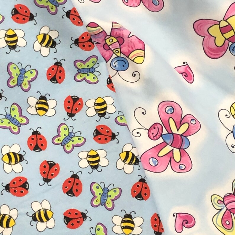 Butterfly Ladybug Flannel Bumble Bee Insect Fabric Blue Red - Etsy