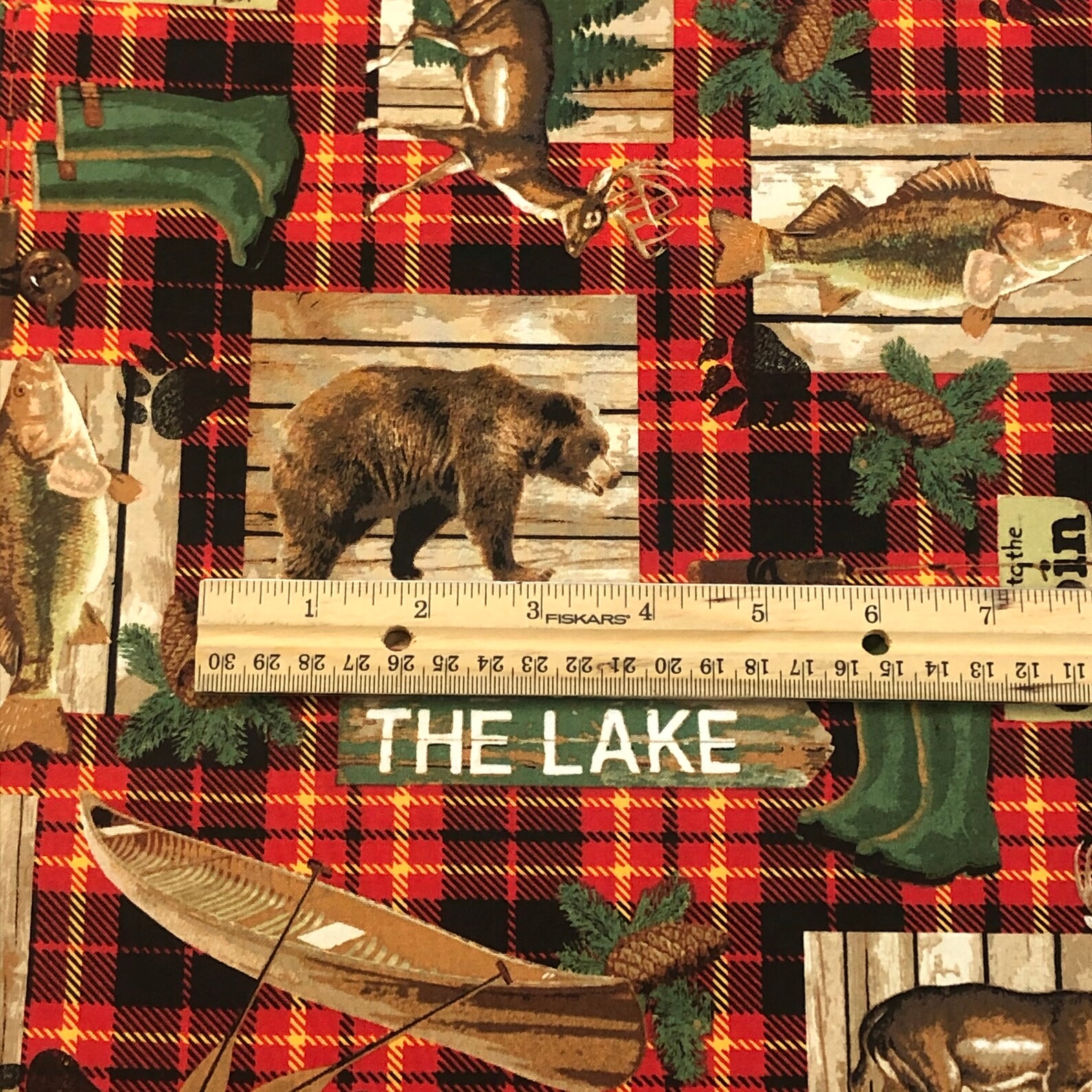 Lake House Fabric, Deer Bear Fish, Paw Prints, Red Tan Green, Wildlife ...