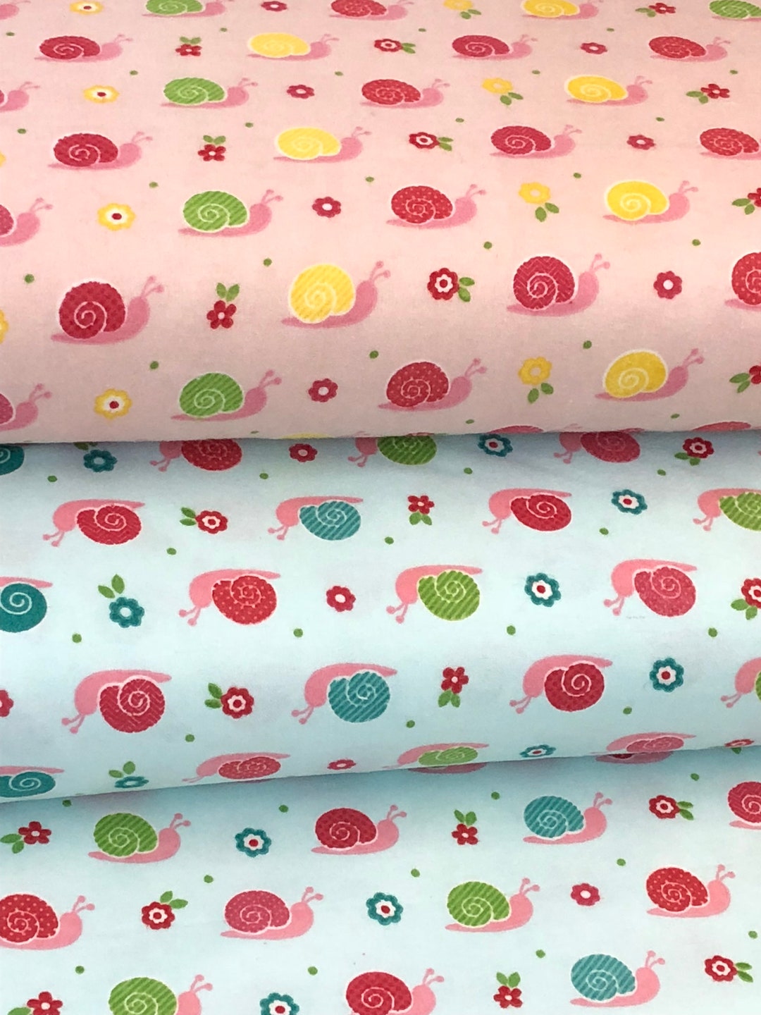 Snail Flower Pink Baby Flannel Fabric, Blue Green Red Yellow Snails ...