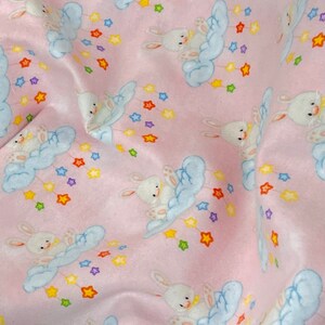 Bunny Rabbit Pink Flannel, Floating on White Clouds, Yellow Blue Orange ...